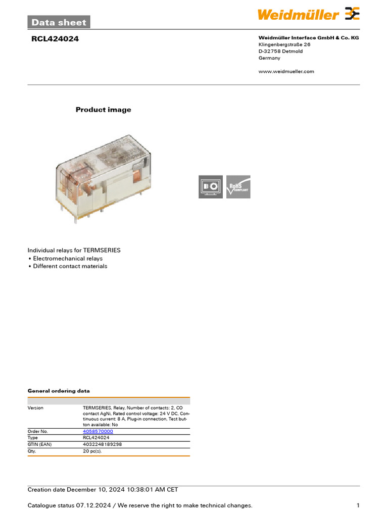 Weidmüller RCL424024 Relay Data Sheet | PDF | Relay | Insulator ...