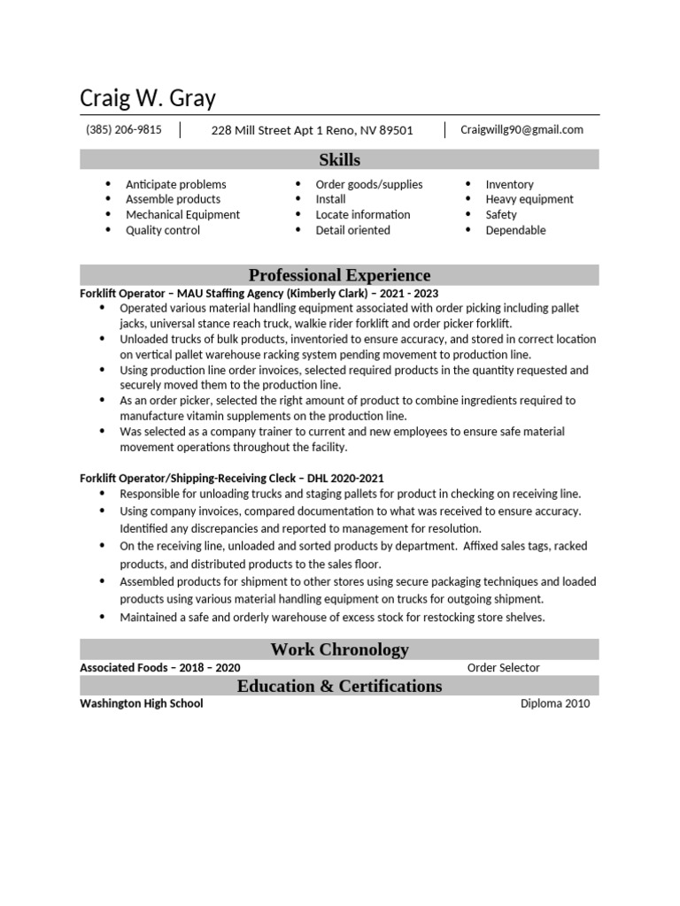 Craig G. Resume Dates (21 Jan 2024) Revised | PDF | Warehouse | Forklift