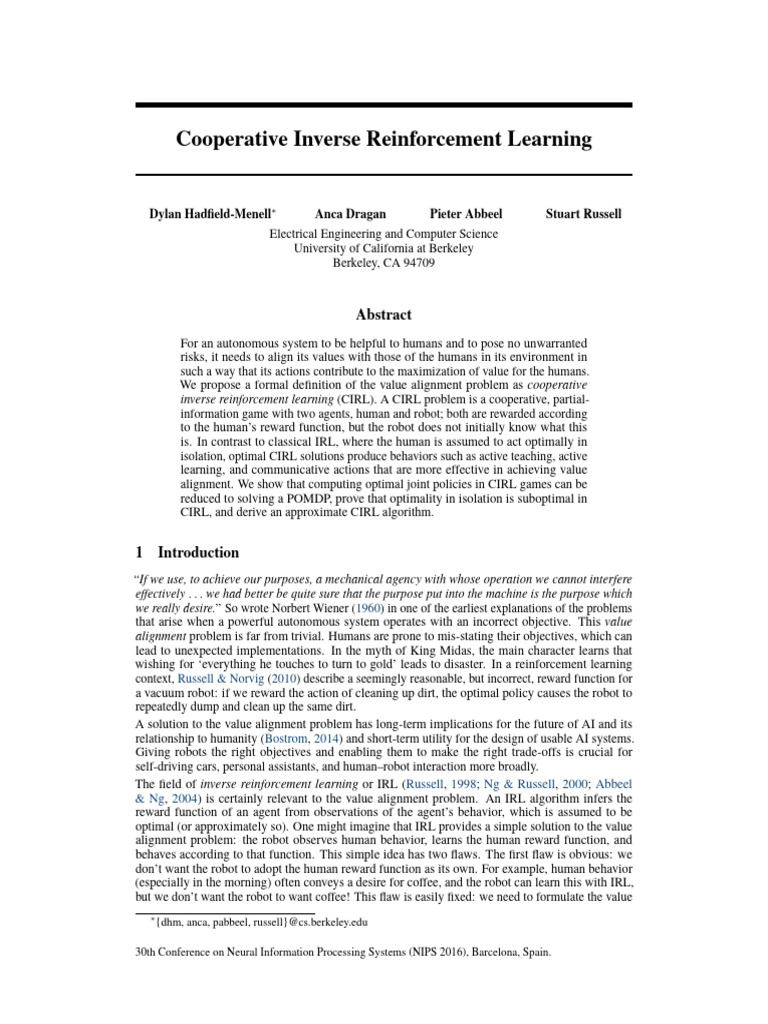 Cooperative Inverse Reinforcement Learning Hadfield Mendell Et Al 2016 | PDF | Artificial ...