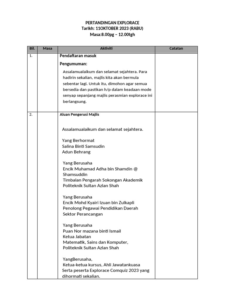 Skrip Emcee Majlis Perasmian Explorace | PDF