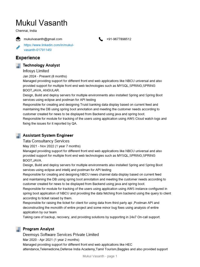 Resume Mukul Vasanth Oracle 1 2 2 | PDF | My Sql | World Wide Web
