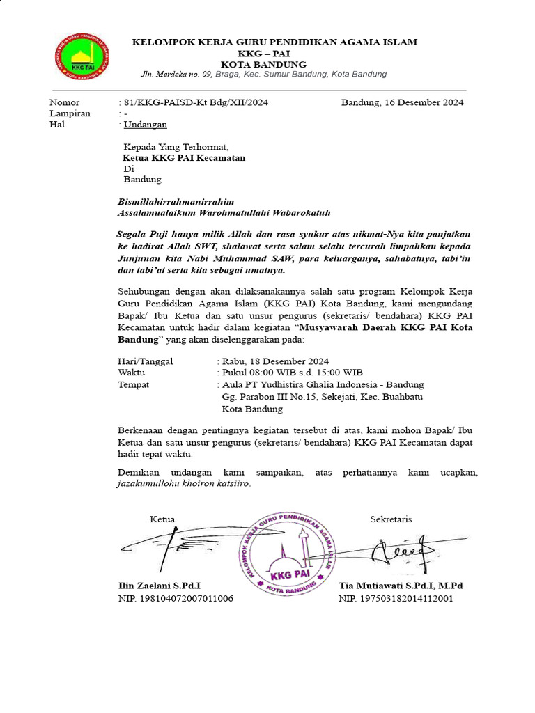 Undangan Musda KKG PAI Kota Bandung | PDF