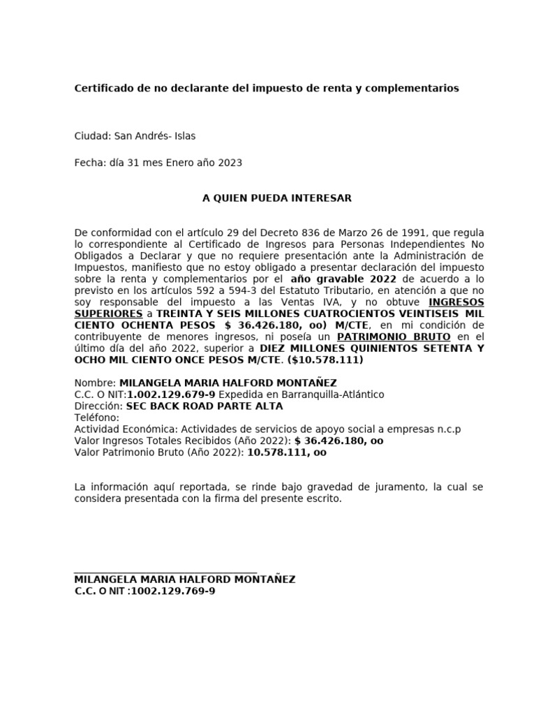 Certificado de no declarante del impuesto de renta y complementarios | PDF