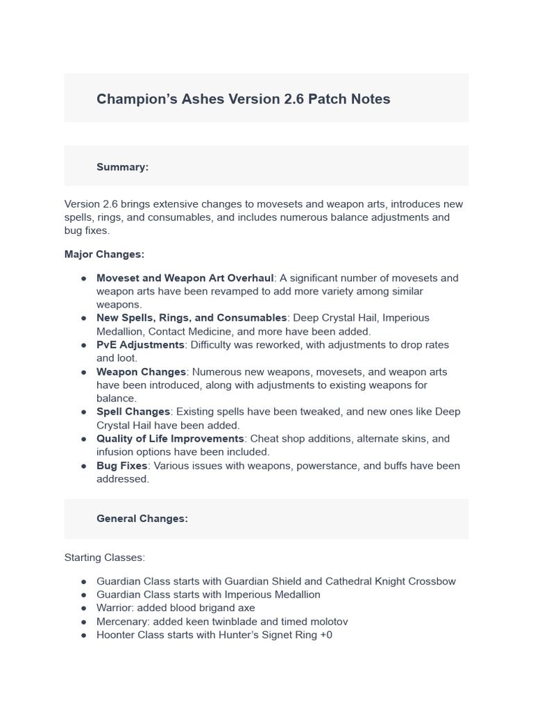 Champion’s Ashes Version 2.6 Patch Notes | PDF