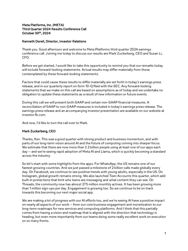 META Q3 2024 Earnings Call Transcript | PDF | Advertising | Artificial ...