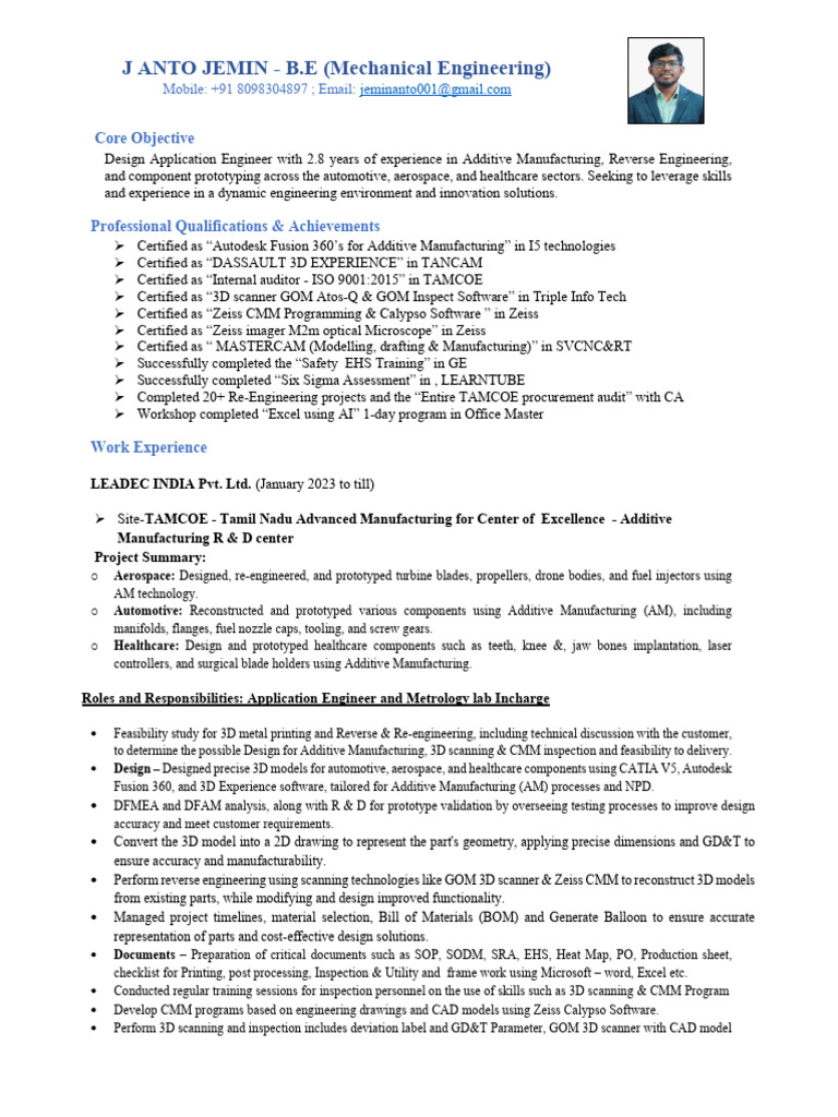 Anto Jemin - B.E Mech Resume | PDF | 3 D Printing | Engineering