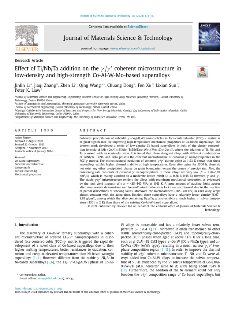 Effect of TiNbTa addition on the γγ' coherent microstructure in low-density and high-strength Co ...