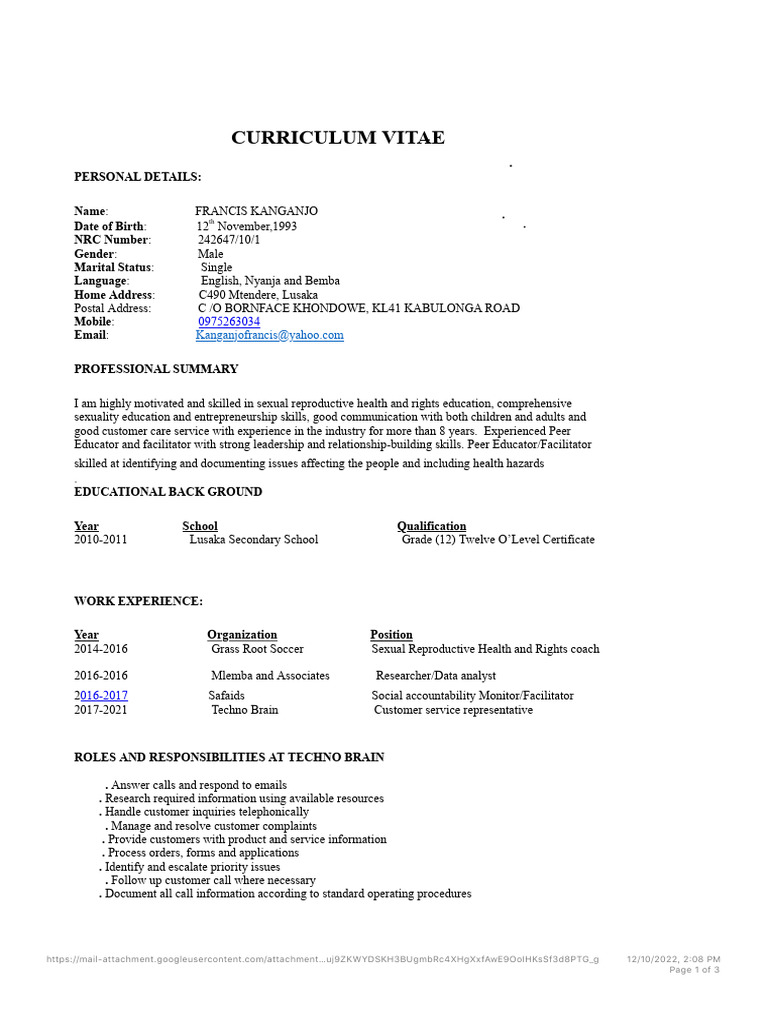 Francis Kanganjo's CV Summary | PDF