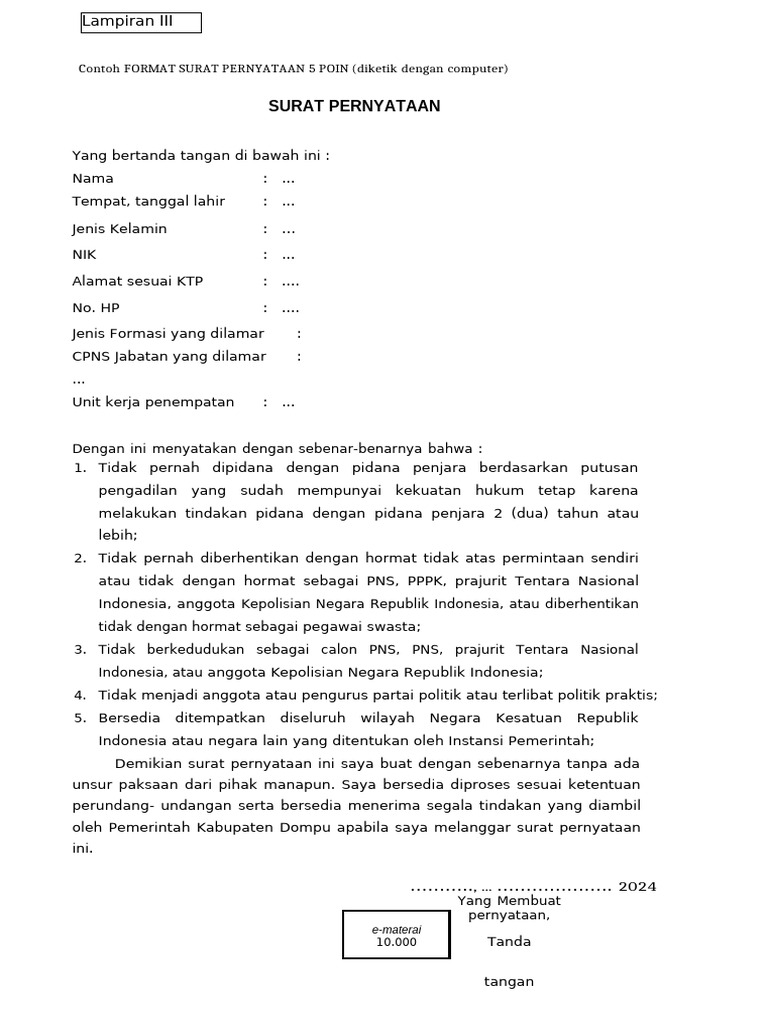 Surat Pernyataan 5 Point Cpns 2024 1 | PDF