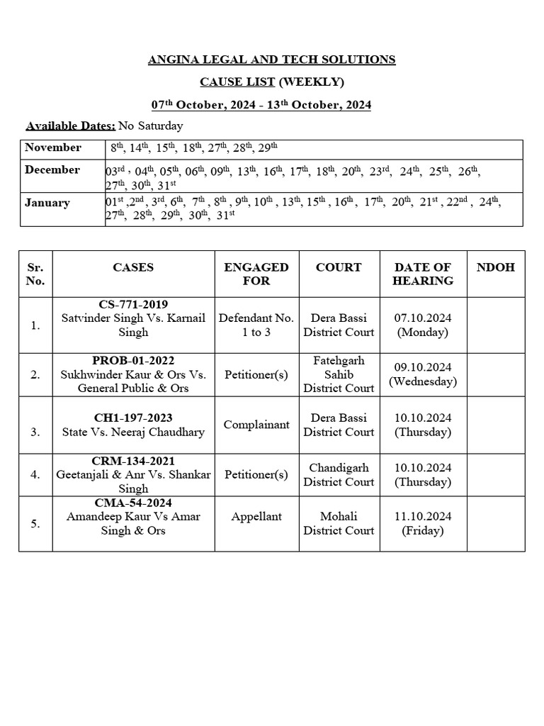 7oct To 13oct 2024 Cause List | PDF