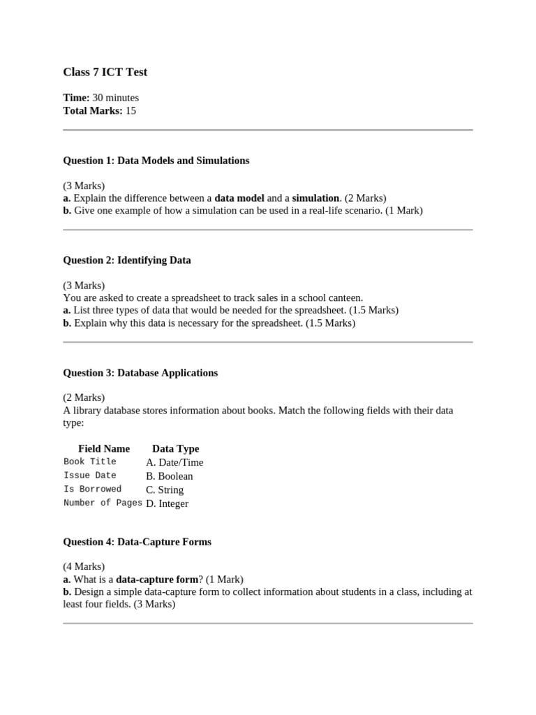 Class 7 ICT Chapter 3 Test Questions | PDF