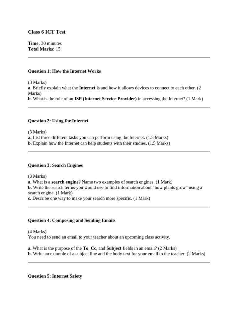 Class 6 ICT Test Overview 2025 | PDF