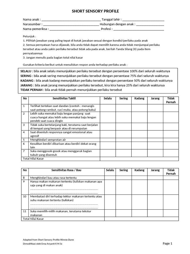 Short Sensory Profile | PDF