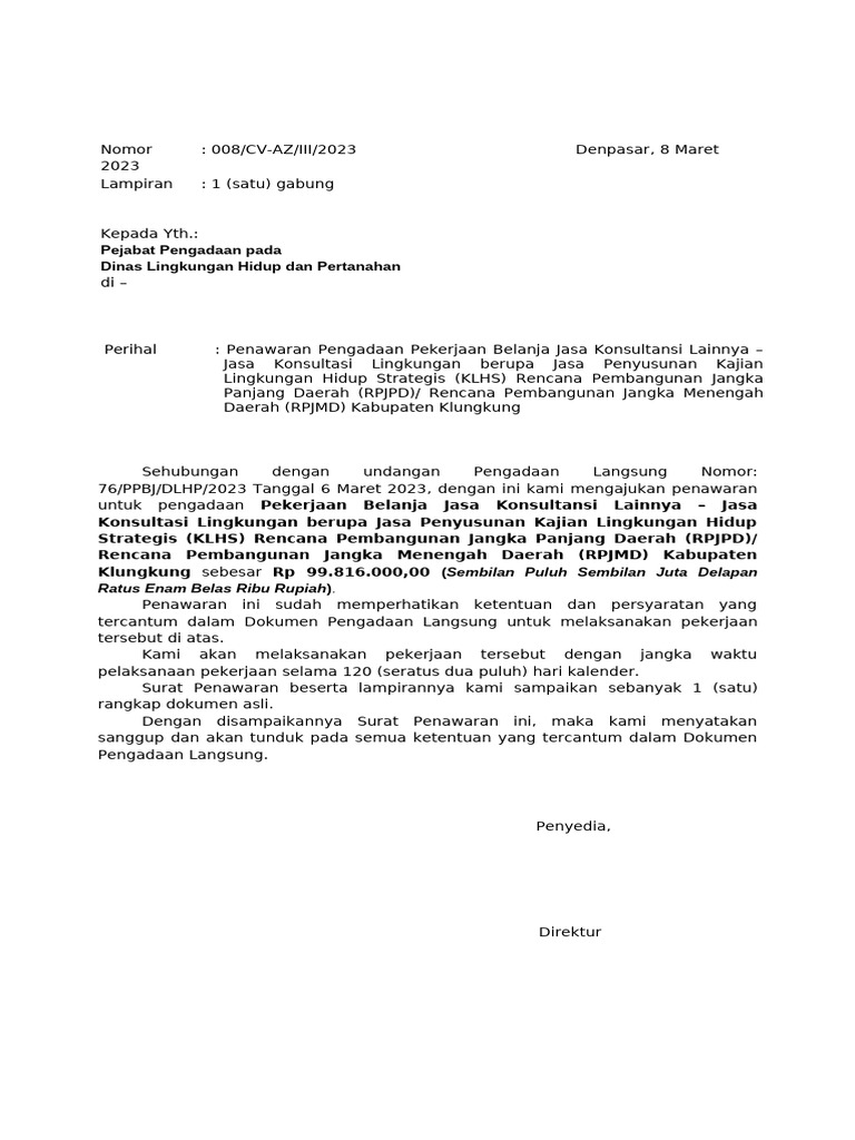 Surat Penawaran Pengadaan Pekerjaan | PDF