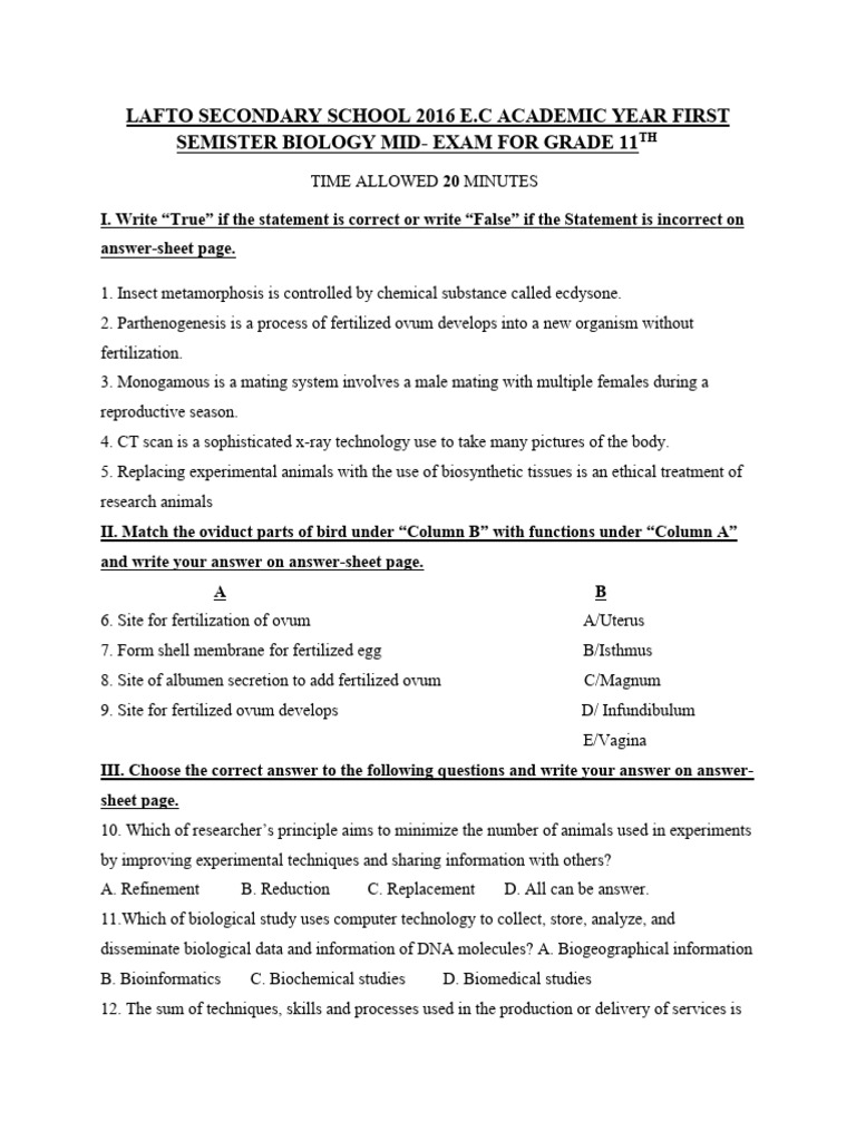 Grade 11 Biology Mid-Exam 2016 E.C. | PDF | Fertilisation | Egg