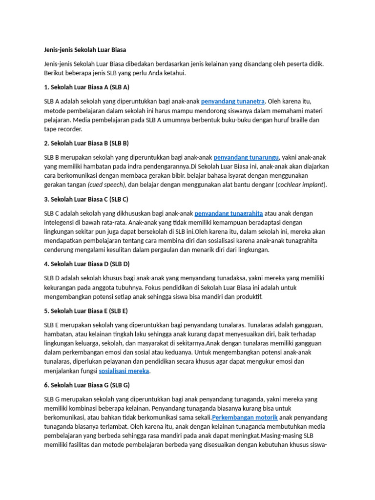 Jenis Sekolah Luar Biasa | PDF