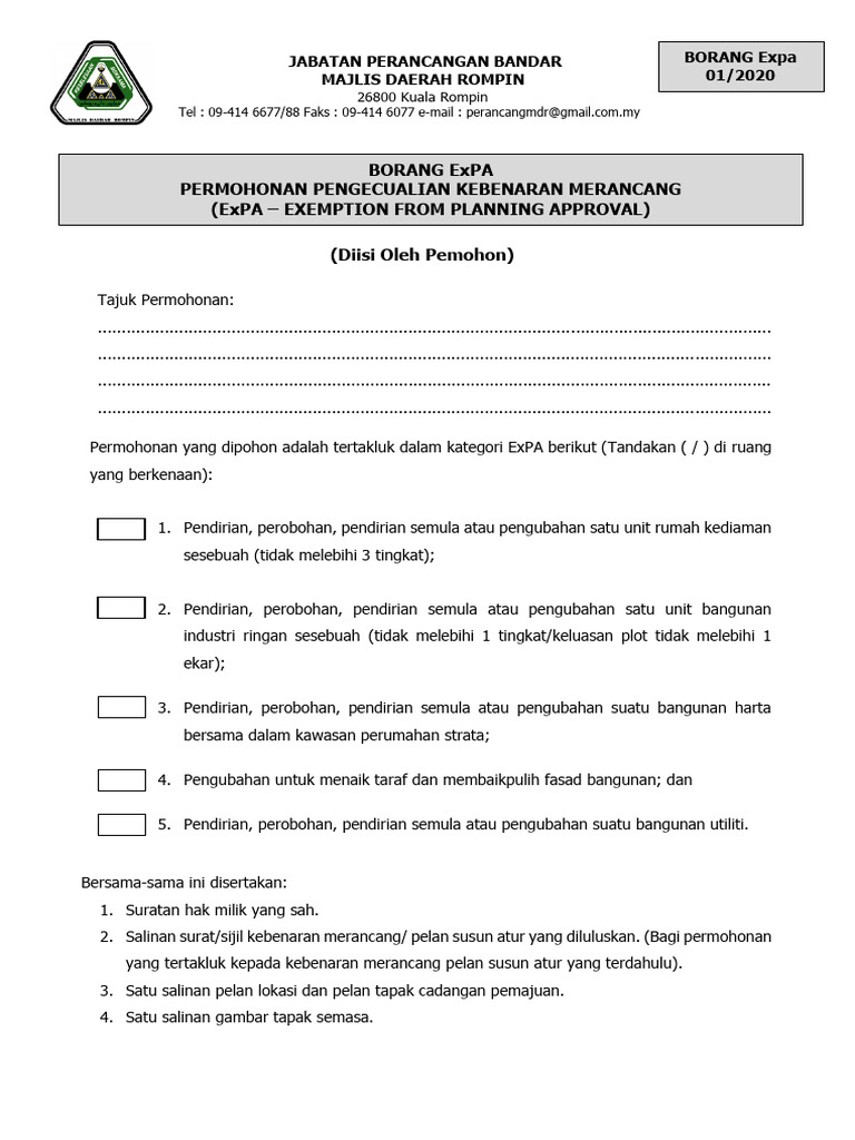 Borang Expa - Pengecualian Permohonan Kebenaran Merancang - Majlis ...