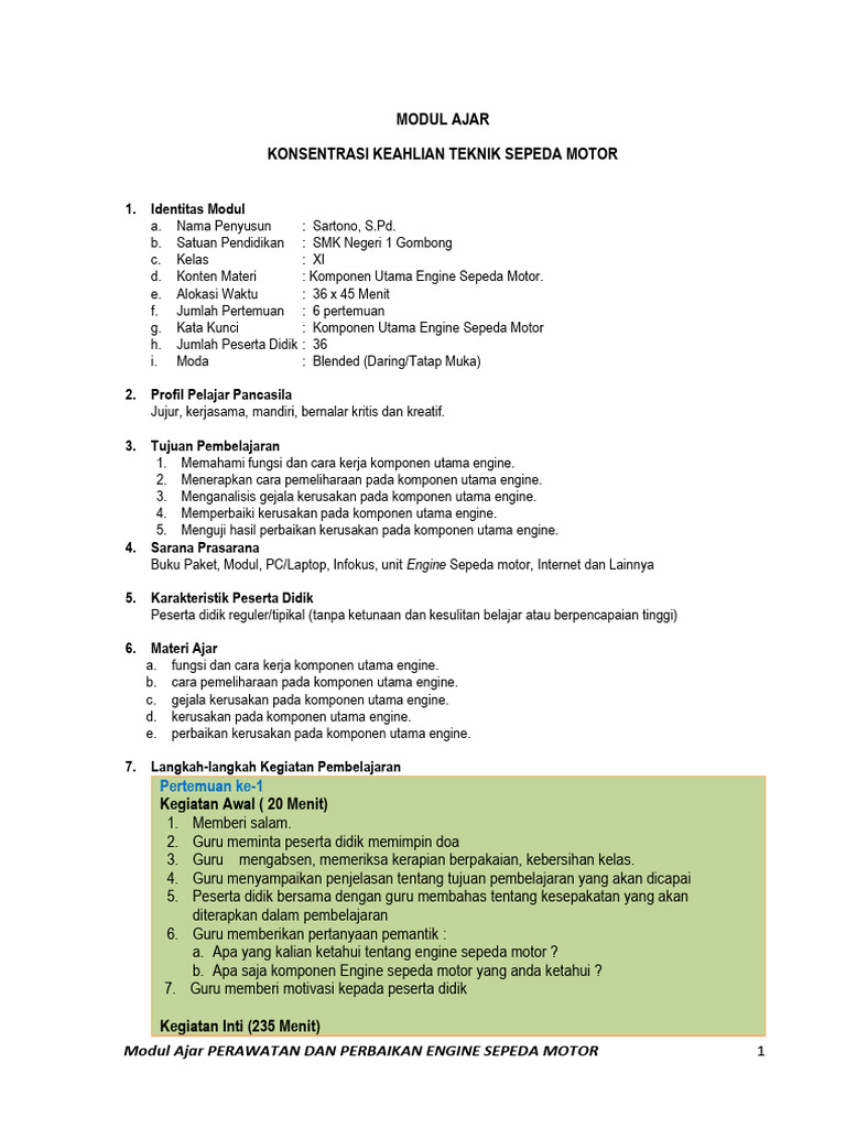 Modul Ajar Komponen Utama Engine Sepeda Motor | PDF