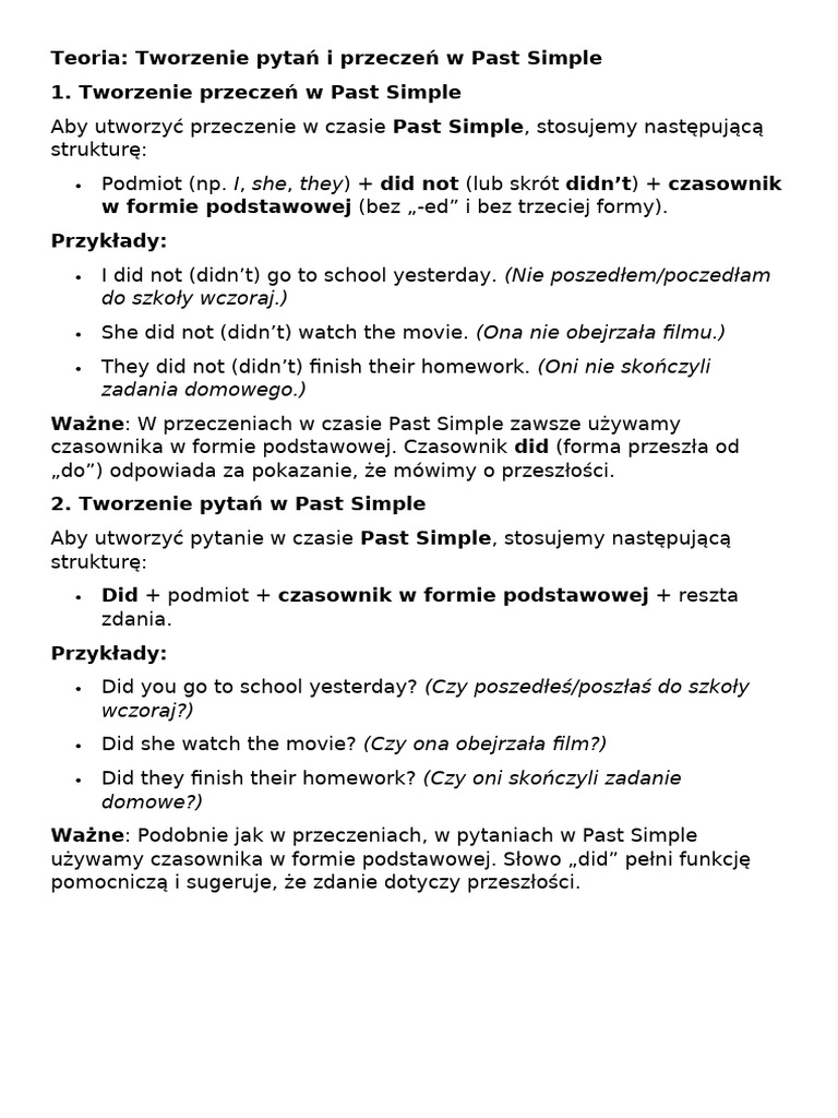 Past Simple Pytania I Przeczenia Steps Plus 6 Unit 2 | PDF