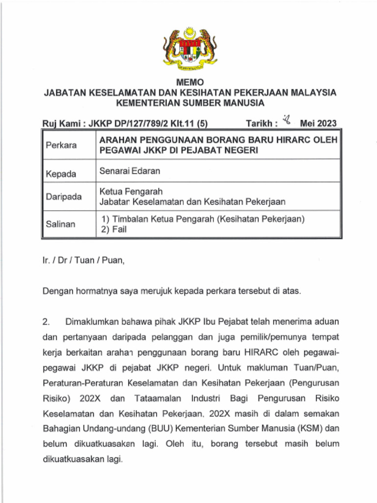 Arahan Penggunaan Borang Baru Hirarc Oleh Pegawai JKKP Di Pejabat | PDF