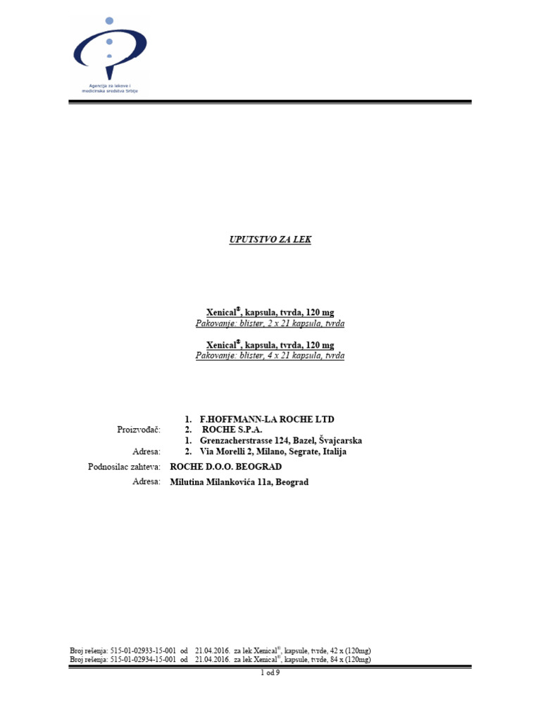 Uputstvo Za Lek: Xenical, Kapsula, Tvrda, 120 MG | PDF