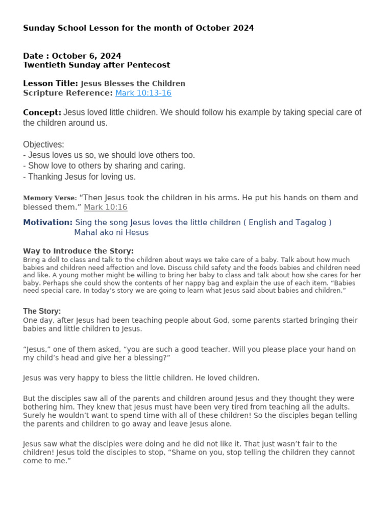 Sunday School Lesson For The Month of October 2024 Mark | PDF | Jesus ...