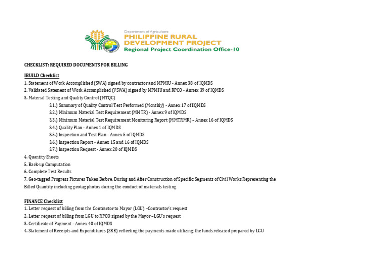 CHECKLIST OF REQUIRED DOCUMENTS FOR PROGRESS BILLING Checklist | PDF