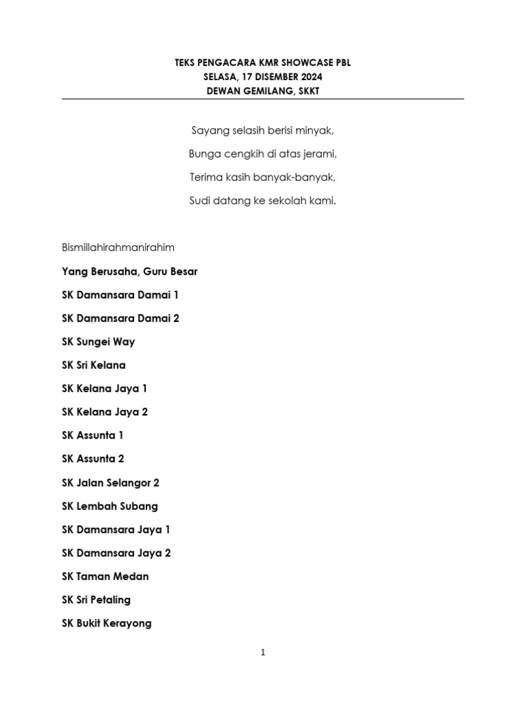 Teks Pengacara Majlis PBL Showcase | PDF