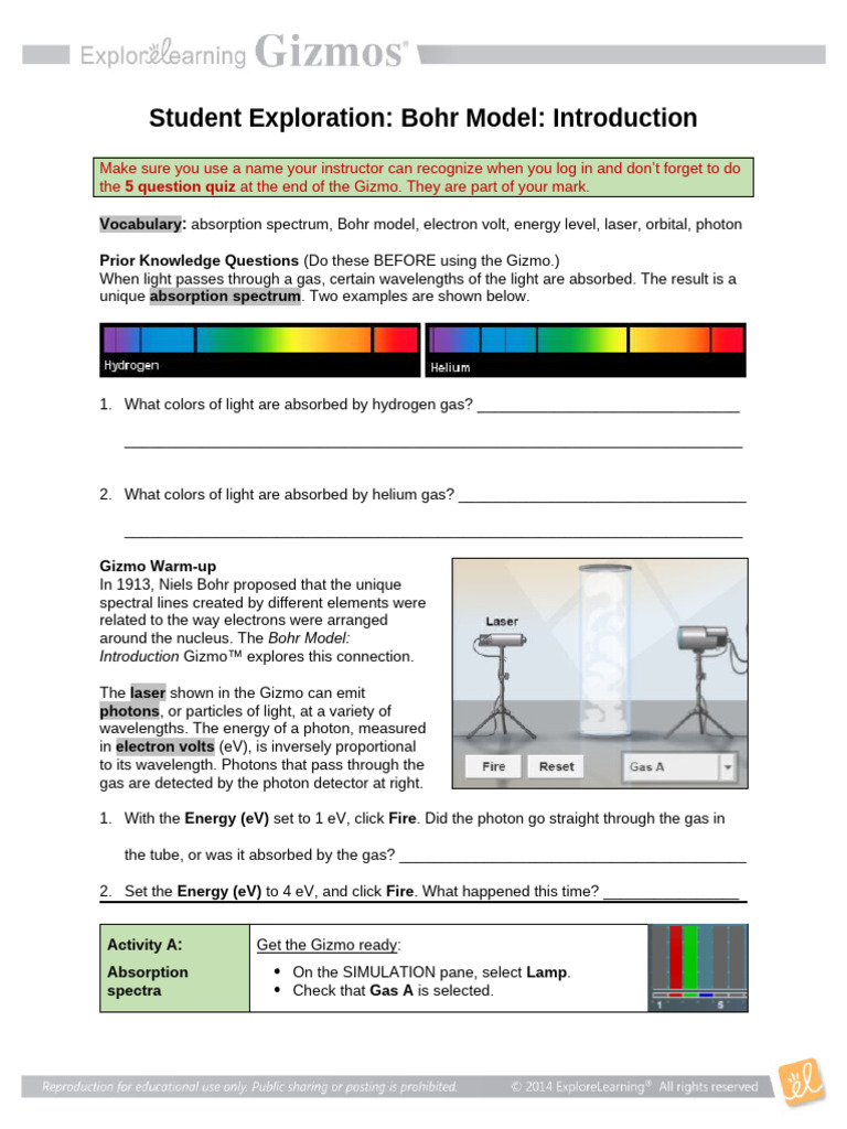 SCN3797-Chapter 7 Gizmo Bohr Model Intro | PDF | Energy Level | Photon