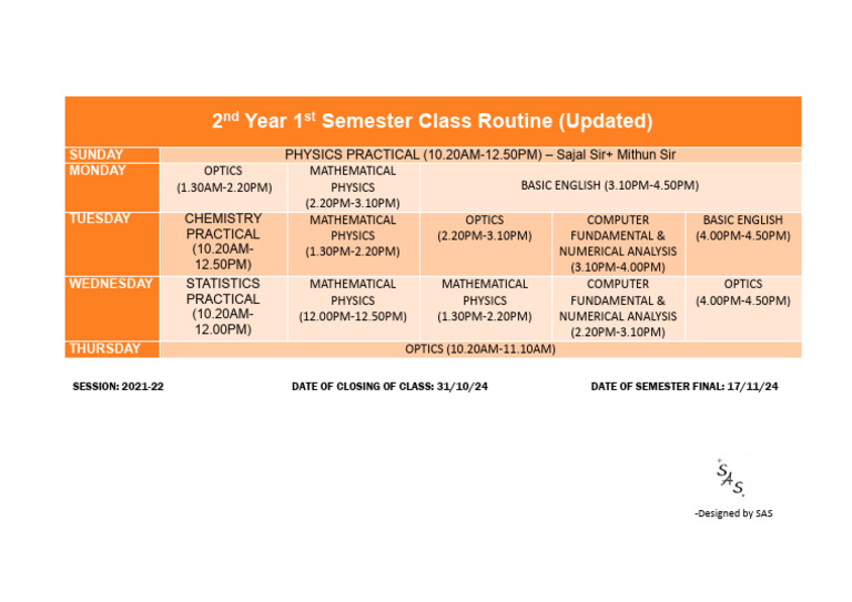 2nd Year Semester Class Schedule | PDF