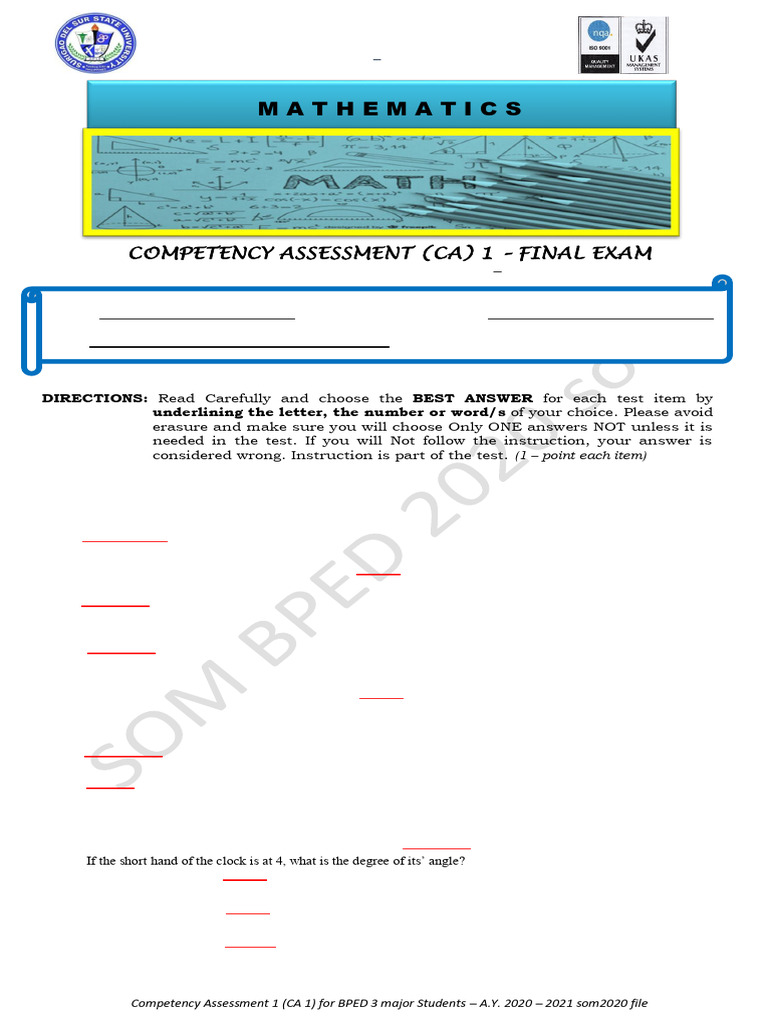 CA 1 MATHEMATICS Gen Ed. | PDF | Odds | Numbers