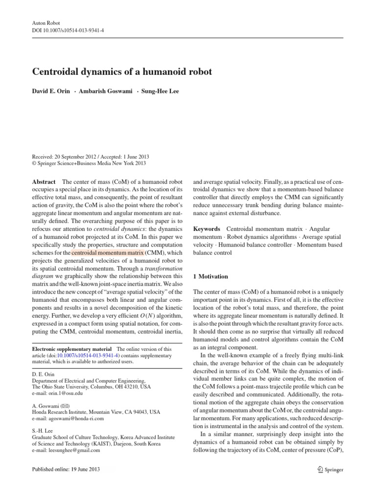 Centroidal dynamics of a humanoid robot | PDF | Momentum | Velocity