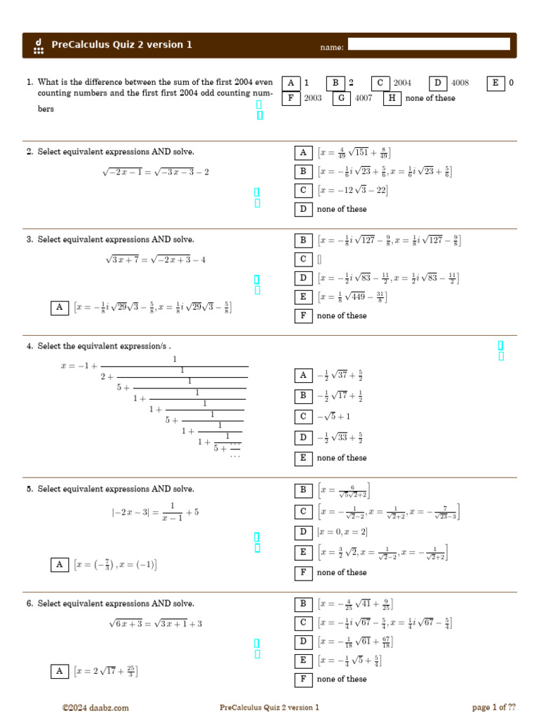 X X I, X I X: Precalculus Quiz 2 Version 1 | PDF | Mathematics