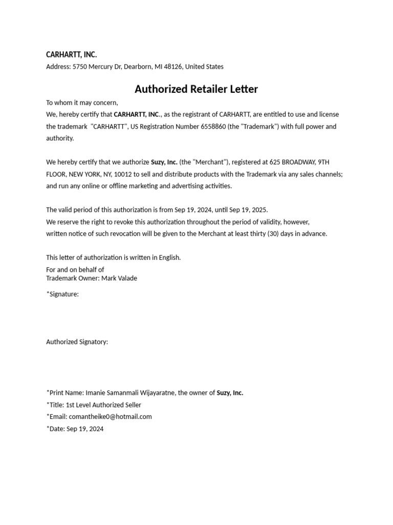 Carhartt Trademark Authorization Letter | PDF