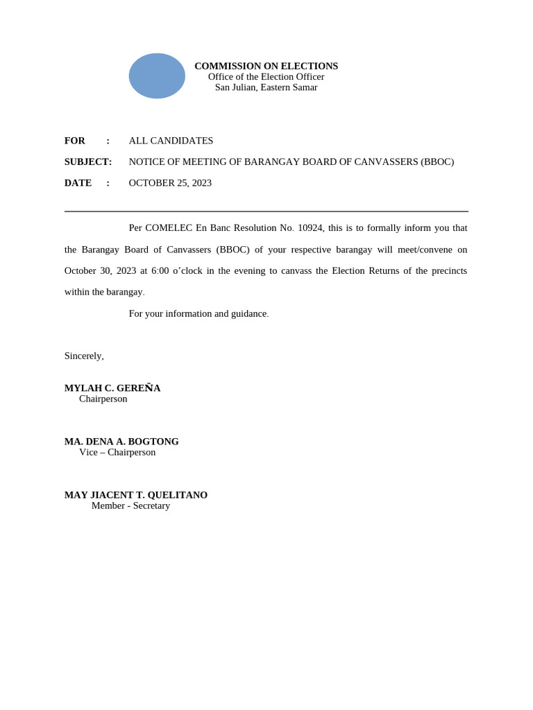 Letter To Convene (Comelec) | PDF