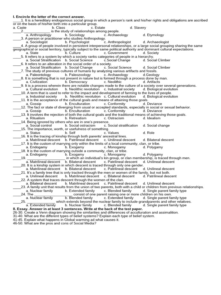 ucsp sample exam | PDF | Family | Kinship