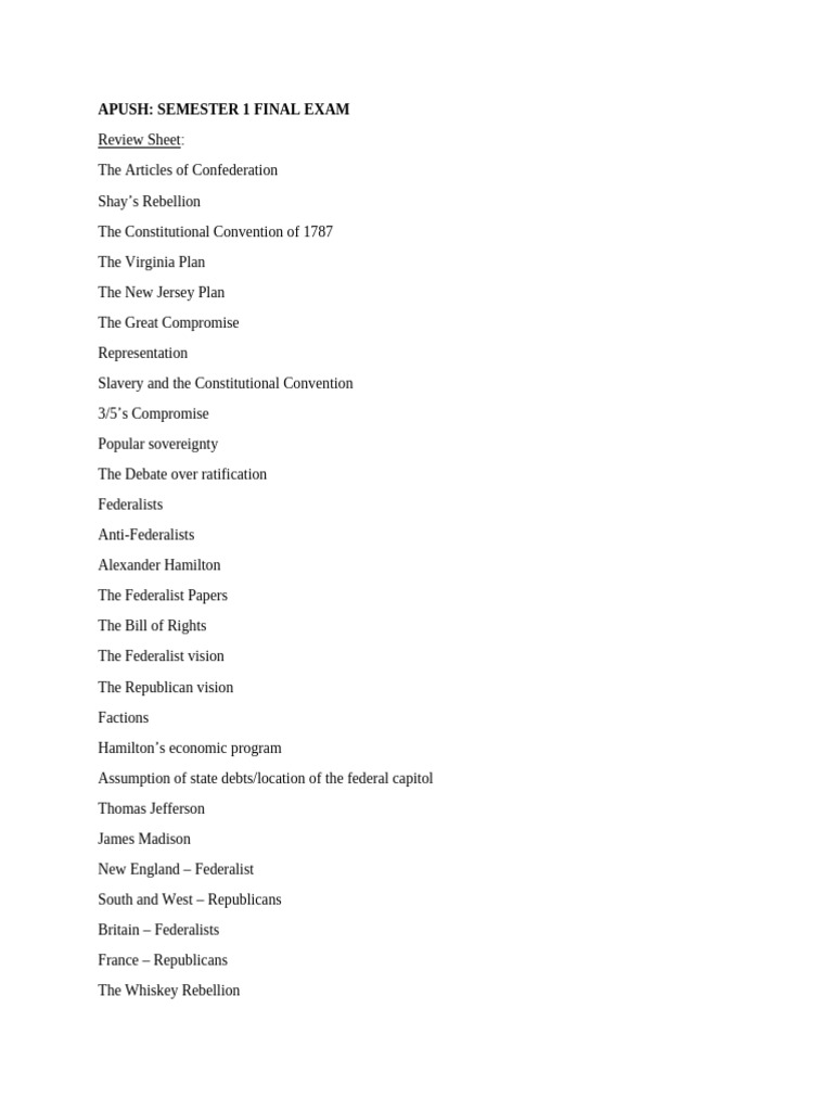 APUSH Semester 1 Review Guide | PDF | Federalist Party | John Marshall