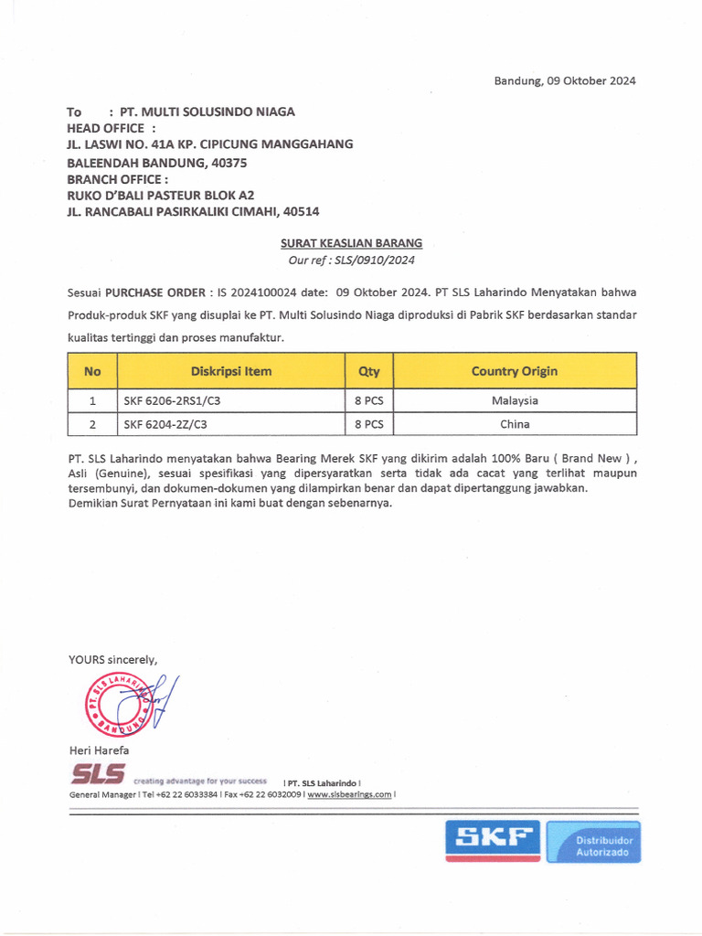 Surat Keaslian Barang SKF 2024 | PDF