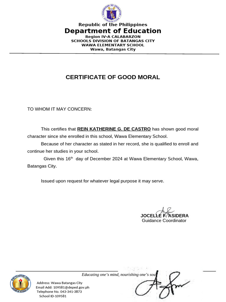 Good Moral Certificate | PDF