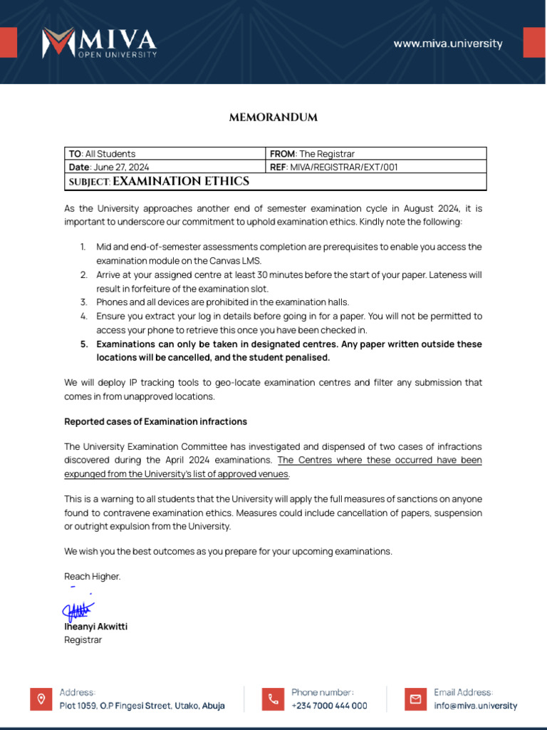 Student Memo - EXAMINATION ETHICS | PDF