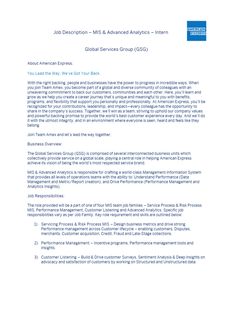 Amex Campus JD GSG MIS Advanced Analytics Internship | PDF | Analytics