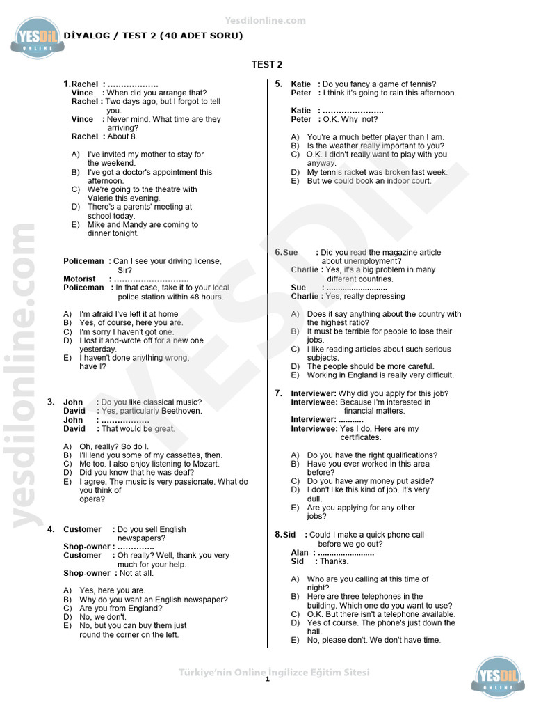 English Dialogue Test with Answers | PDF