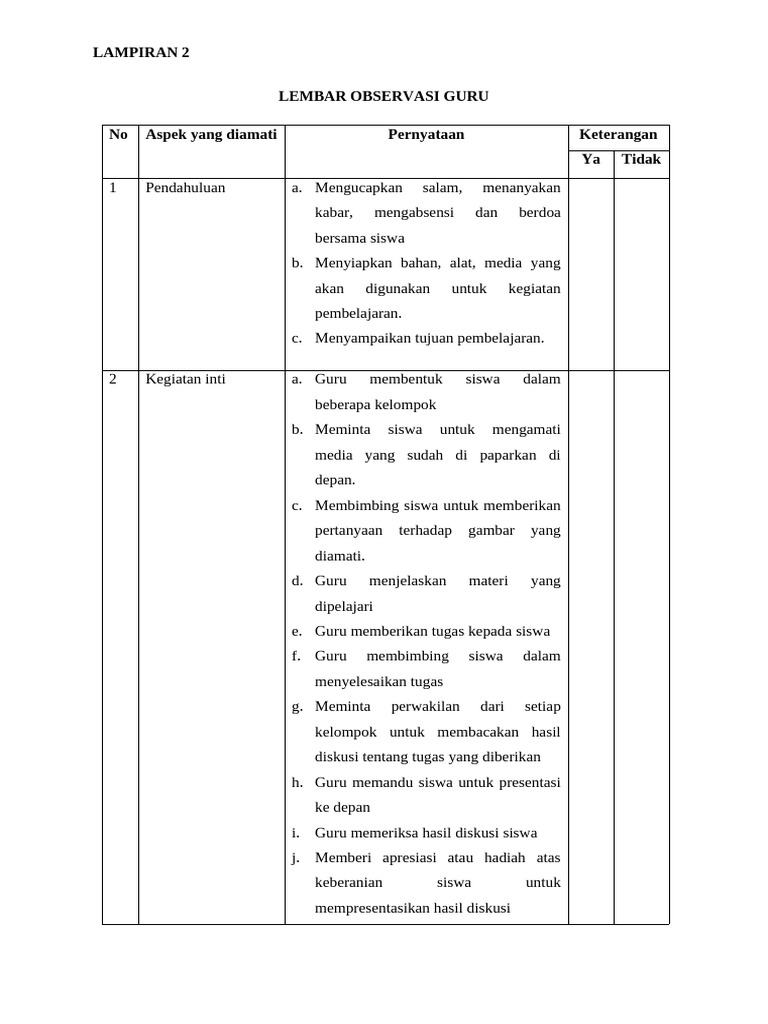 Lembar Observasi Guru Terbaru | PDF