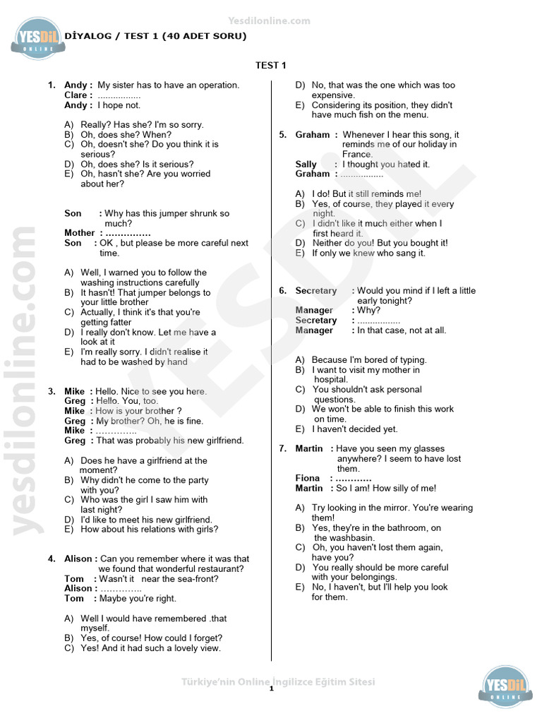 English Dialogue Test 1: 40 Questions | PDF