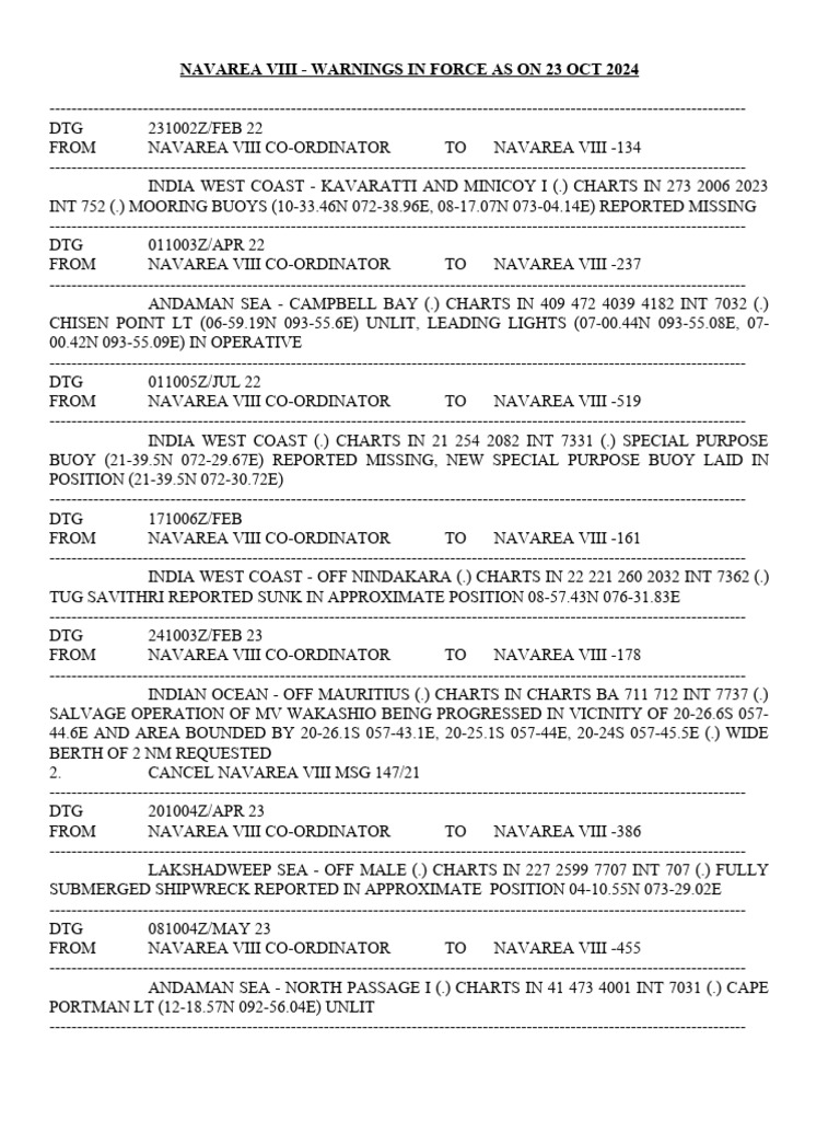 Navarea Warnings in Force | PDF | Hydrography | Earth Sciences