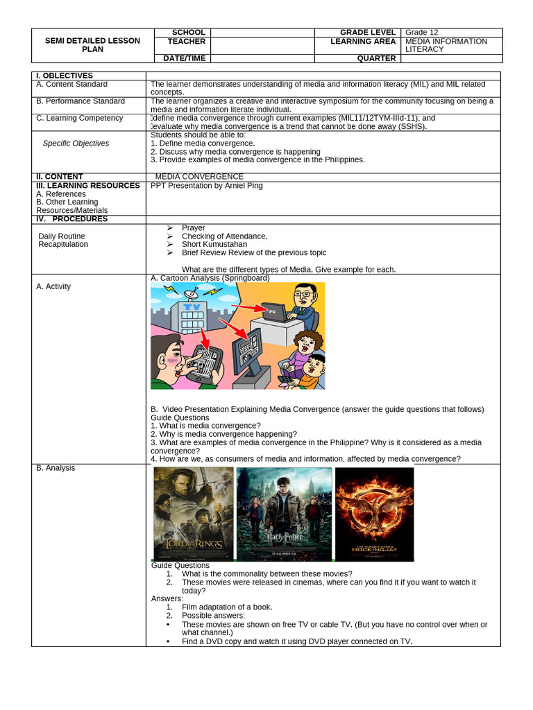 Grade 12 Media Literacy Lesson Plan | PDF | Technological Convergence ...