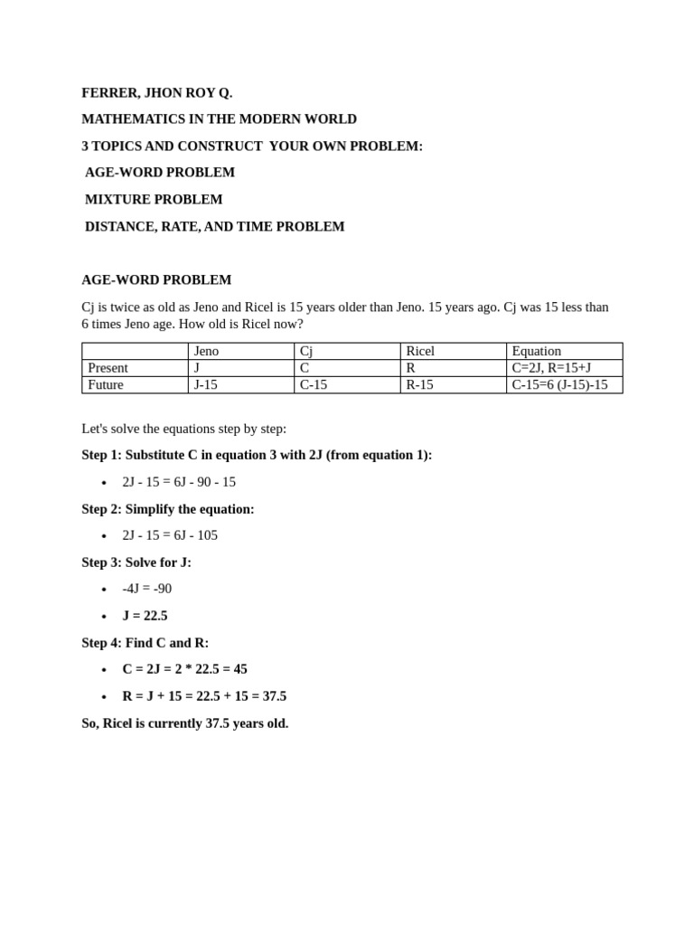 AGE-WORD Problem - Mixture Problem - Distance Rate and Time Problem | PDF | Equations | Mathematics
