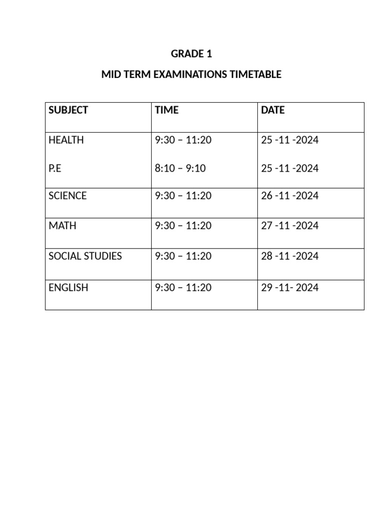 GRADE 1 Mid Term Exam Timetable | PDF