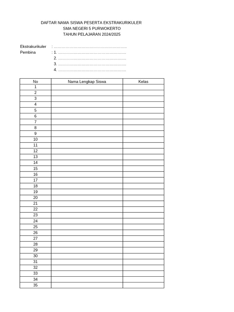 Form Daftar Nama Siswa Peserta Ekskul | PDF