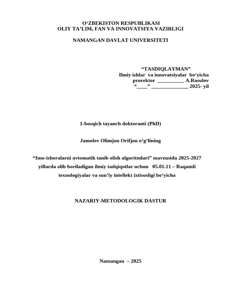 Metodologik dastur Jamolov Olimjon | PDF